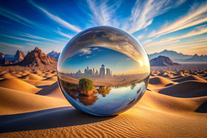 View of 3D Modern Sphere with Desert Landscape Stock Illustration ...