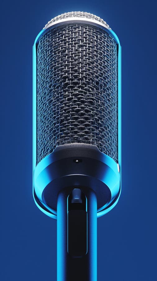 View 3D Render Shiny Metal Microphone in Close Up Against Vivid Blue ...