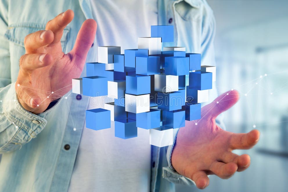 3d Rendering Blue and White Cube on a Futuristic Interface Stock Photo ...