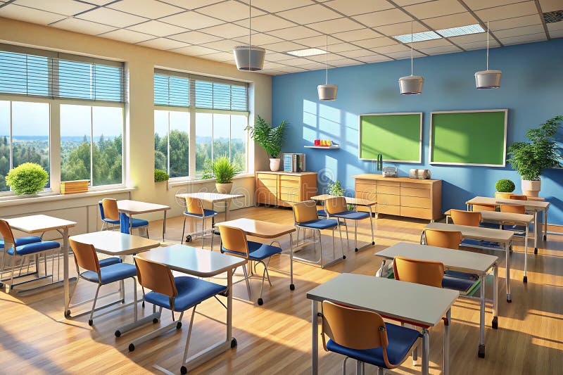 View of 3D School Classroom Stock Illustration - Illustration of chairs ...
