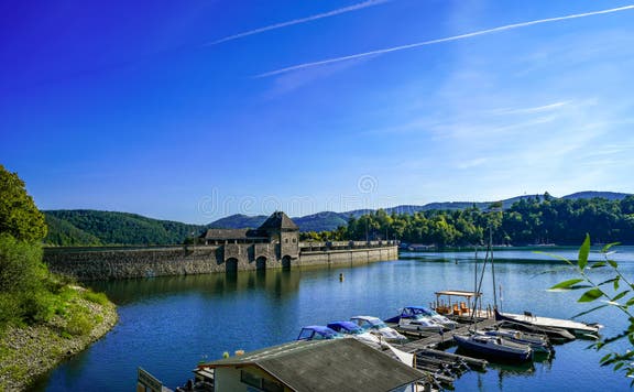 View of the Dam Wall at Edersee. Stock Image - Image of forest, view ...