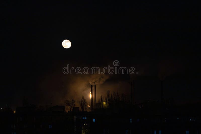 View of Dark Full Moon Night Over the City. Stock Photo - Image of ...