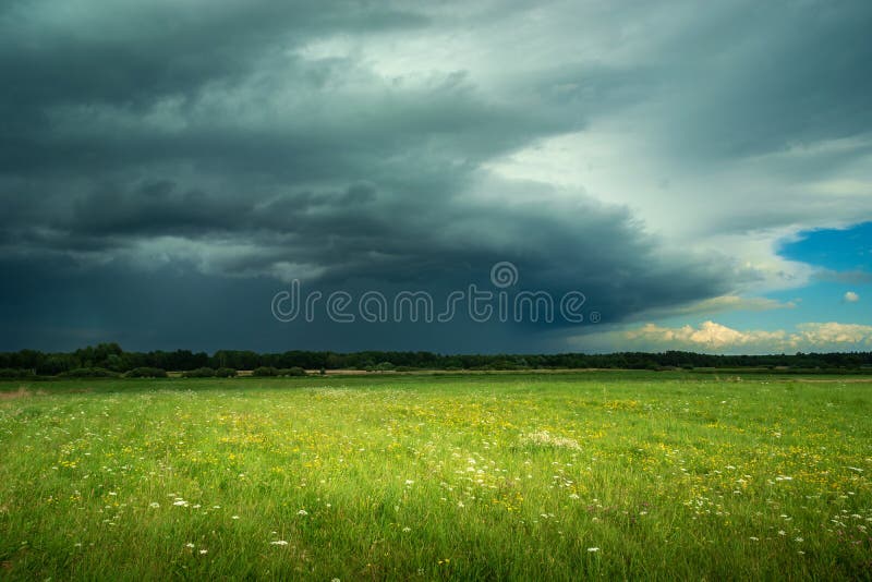View of the Dark Thundercloud Above the Meadow Stock Image - Image of ...