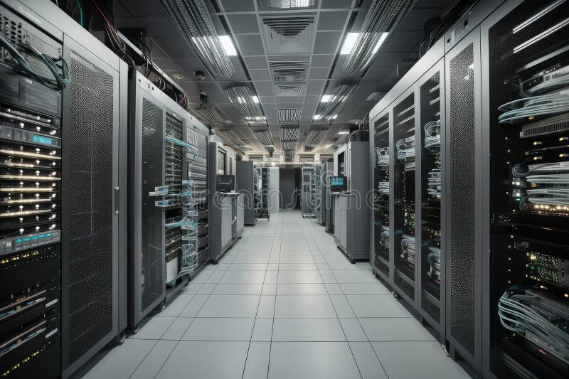 View of Data Center with Racks of Servers and Cables, Showcasing the ...