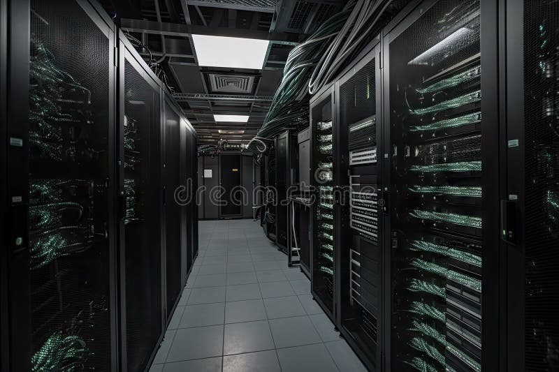 View of Data Center with Racks of Servers and Cables, Showcasing the ...