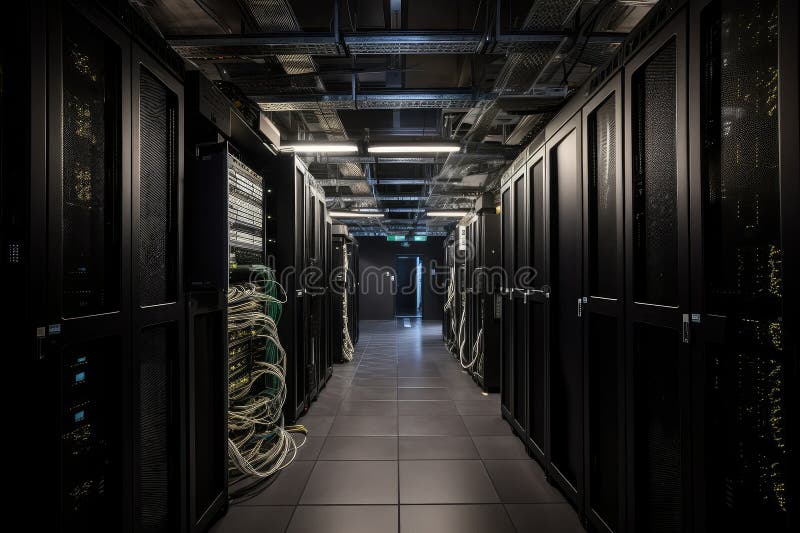 View of Data Center with Racks of Servers and Cables, Showcasing the ...