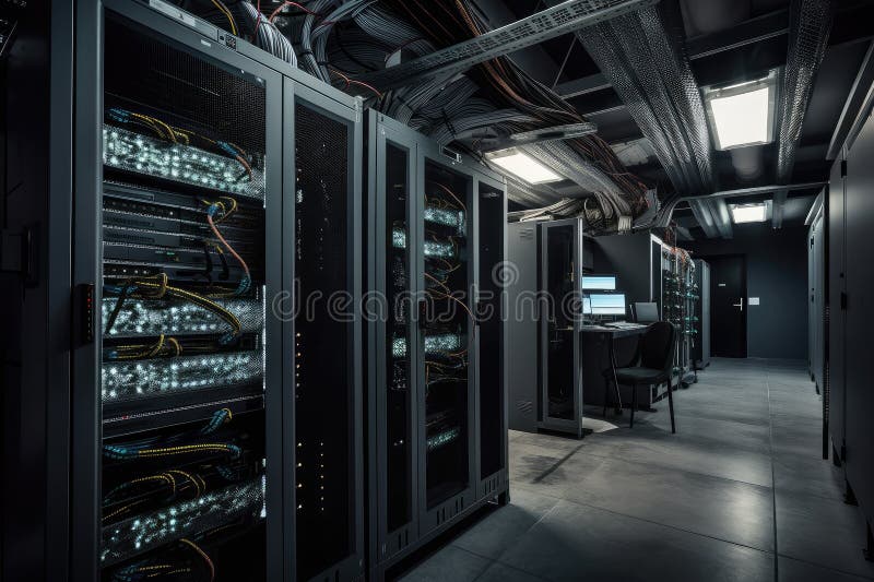 View of Data Center with Racks of Servers and Cables, Showcasing the ...