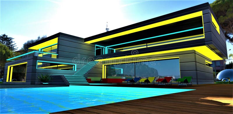 View from the Deck Near the Illuminated Pool of the Upscale Modern ...