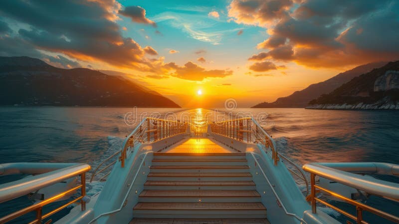 View from the Deck of a Ship at Sunset with a Golden Light Path on the ...