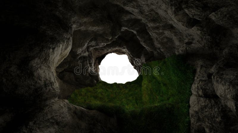 View from Deep Cave with Grass, Hole in Rocky Mountain, Sunset. 3d ...
