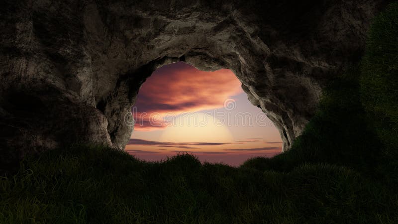 View from Deep Cave with Grass, Hole in Rocky Mountain, Sunset. 3d ...