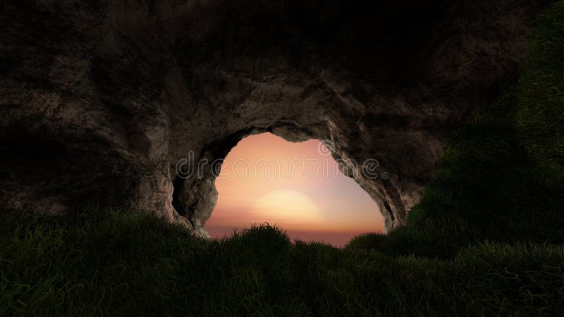 View from Deep Cave with Grass, Hole in Rocky Mountain, Sunset. 3d ...