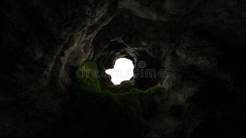 View from Deep Cave with Grass, Hole in Rocky Mountain, Sunset. 3d ...