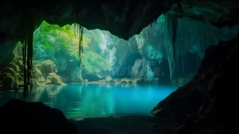 View from Deep within a Cave of a Turquoise Blue Lake, Neural Network ...