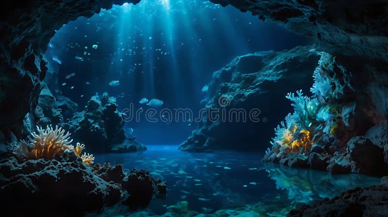 View of a Deep-sea Environment with Glowing Bioluminescent Organisms ...