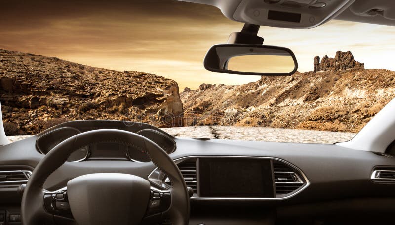 View of Desert Road Inside the Car Stock Image - Image of path ...