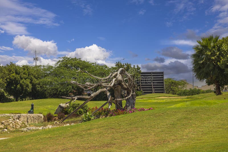 View of Design with Dried Old Tree Trunk on Golf Course with Green ...