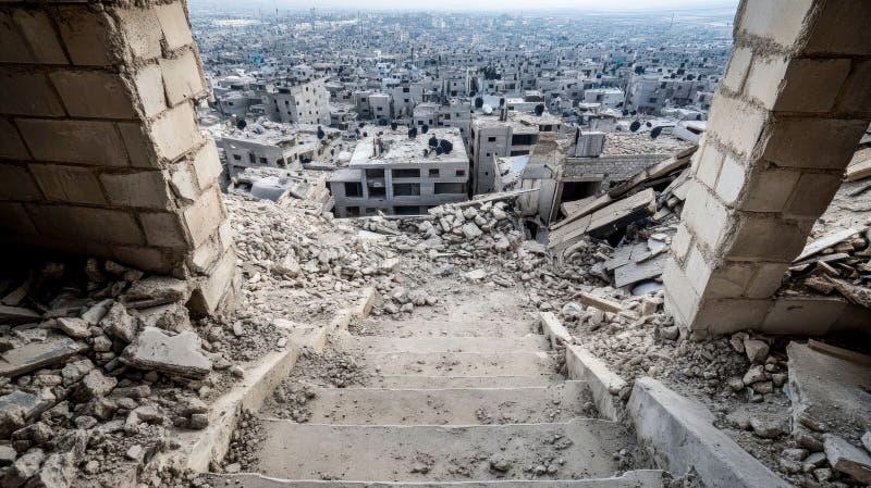 View from Destroyed Stairs Overlooking a Cityscape of Rubble Stock ...