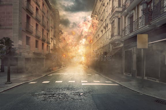 View of Destruction City with Fires and Explosion Stock Photo - Image ...