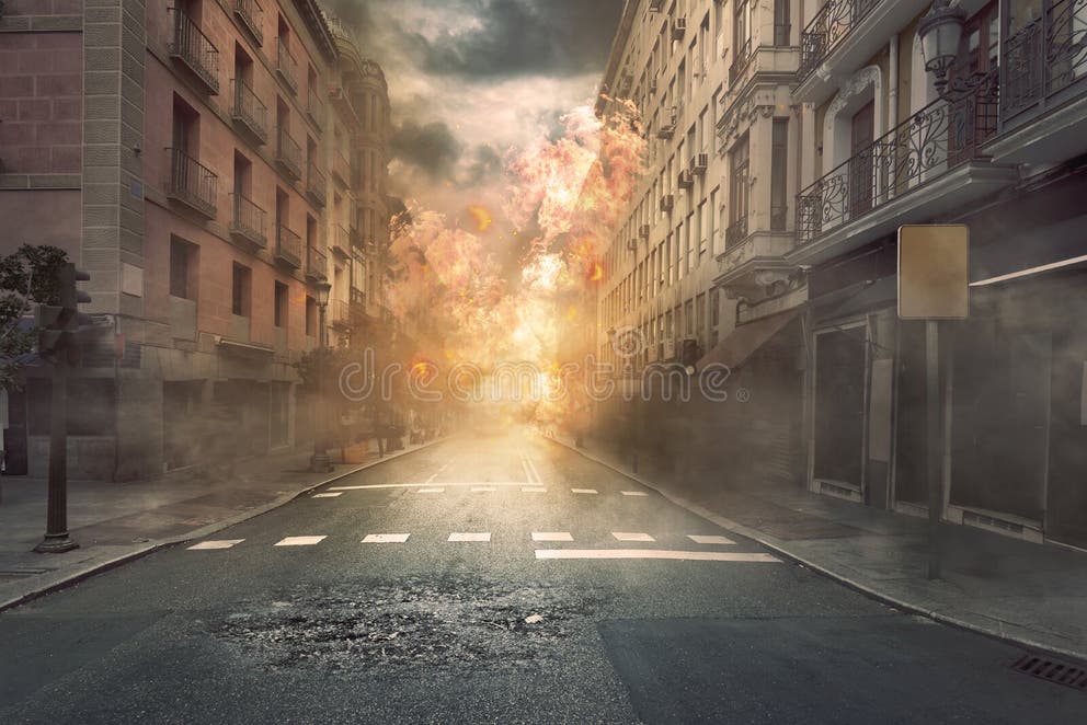 View of Destruction City with Fires and Explosion Stock Photo - Image ...