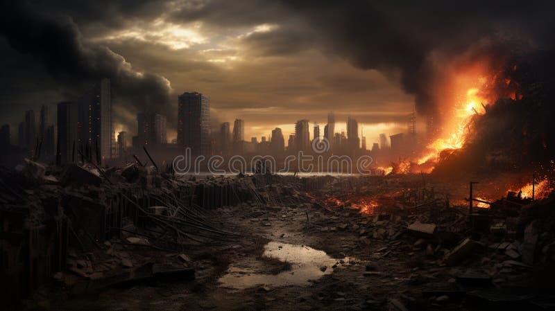 Destruction of City with Fires Explosions and Collaps Illustration. Ai ...