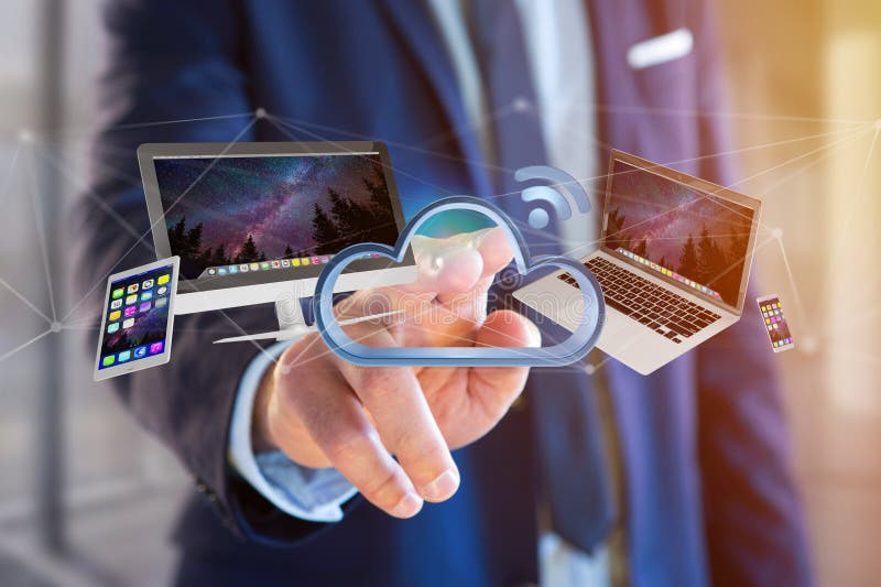 Devices Like Smartphone, Tablet or Computer Flying Over Connected Cloud ...