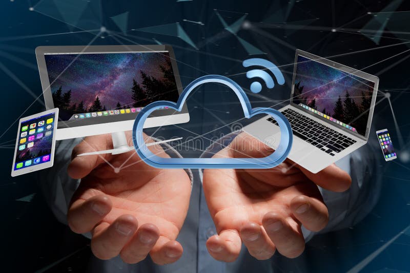 Devices Like Smartphone, Tablet or Computer Flying Over Connected Cloud ...