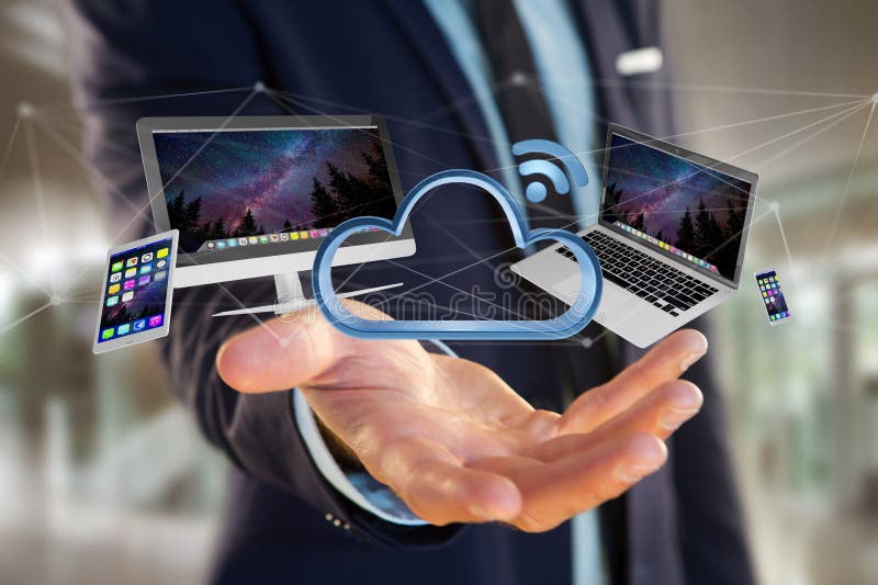 Devices Like Smartphone, Tablet or Computer Flying Over Connected Cloud ...