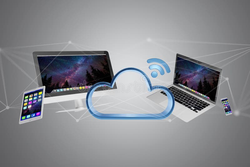 Devices Like Smartphone, Tablet or Computer Flying Over Connected Cloud ...