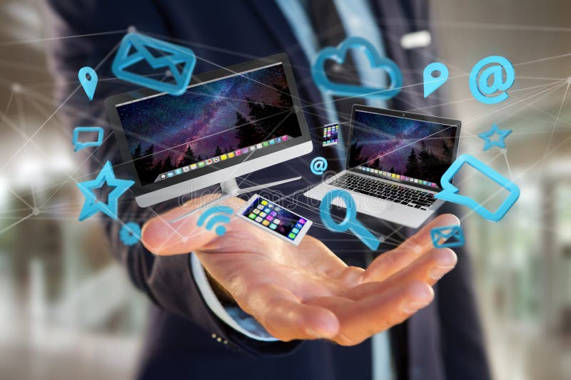 Devices Like Smartphone, Tablet or Computer Flying Over Connection ...