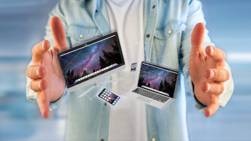 Devices Like Smartphone, Tablet or Computer Flying Over Connection ...