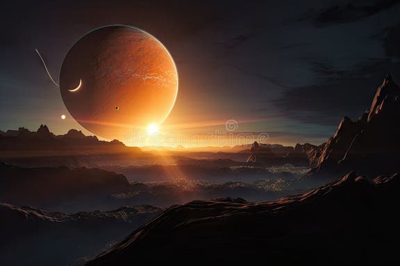 View of Distant Exoplanet, with Solar Eclipse in Progress Stock Illustration - Illustration of ...