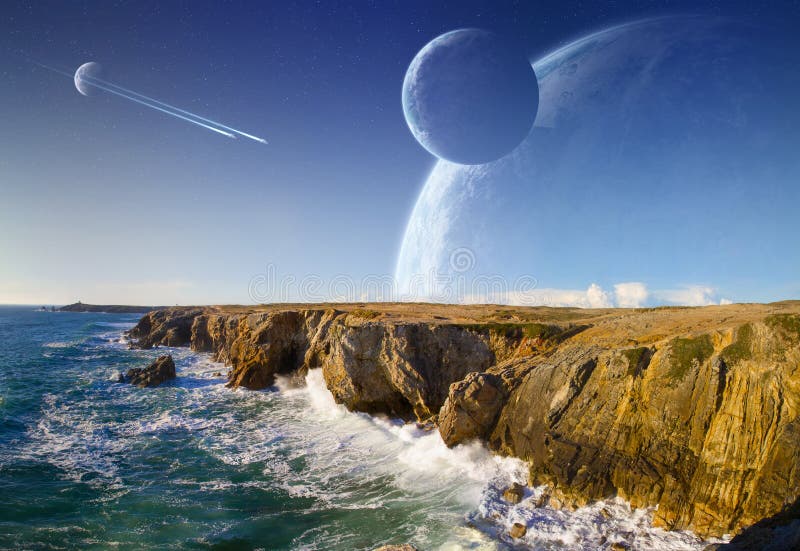 View of Distant Planet System from Cliffs Stock Illustration ...