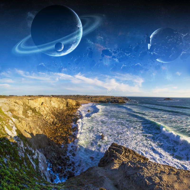 View of Distant Planet System from Cliffs Stock Illustration ...
