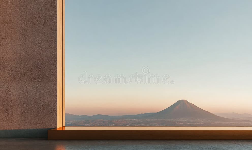 View of a Distant Volcano through a Modern Open Window at Sunset Stock ...