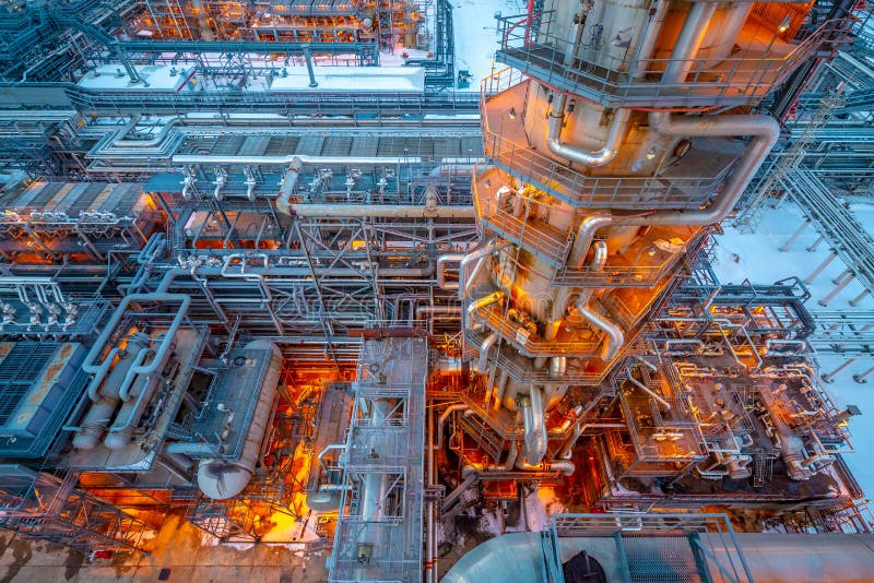 View of the Distillation Column at the Oil Refinery at Dusk Stock Photo ...