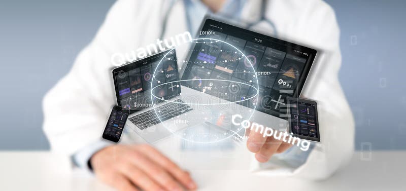 Doctor Holding Quantum Computing Concept with Qubit and Devices 3d ...