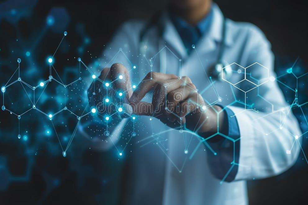 View of a Doctor Touching Molecule Structure Stock Illustration ...