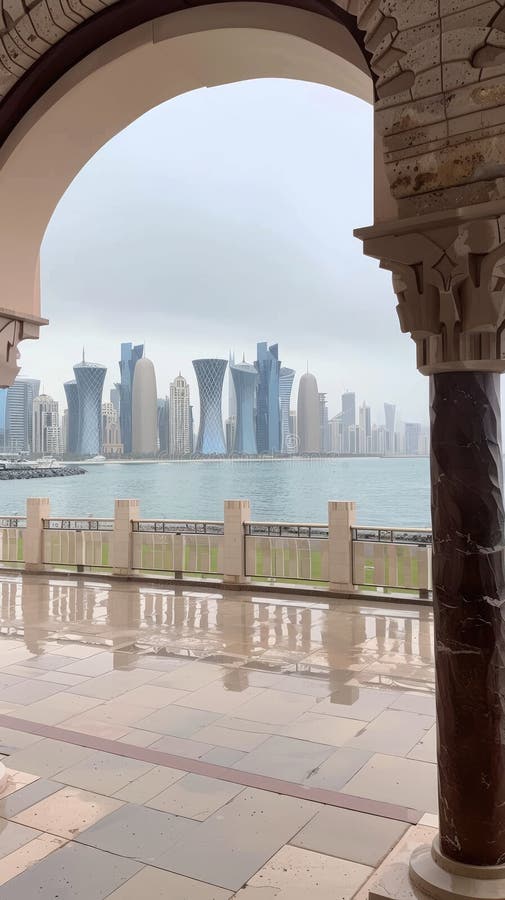A View of the Doha Skyline from a Building with Three Arched Openings ...