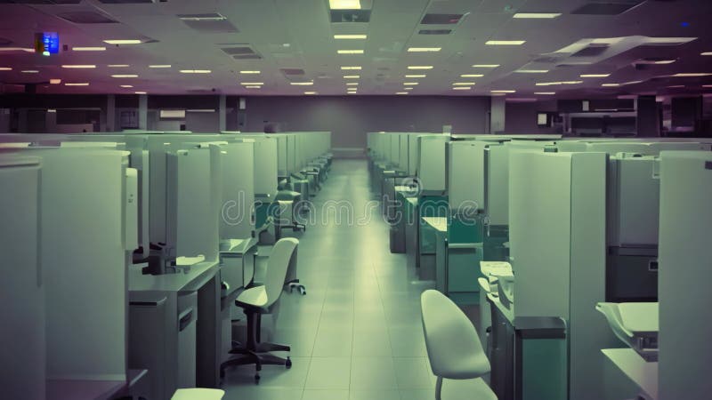 A View Down the Center Aisle of a Large Cubicle Farm with Rows of ...