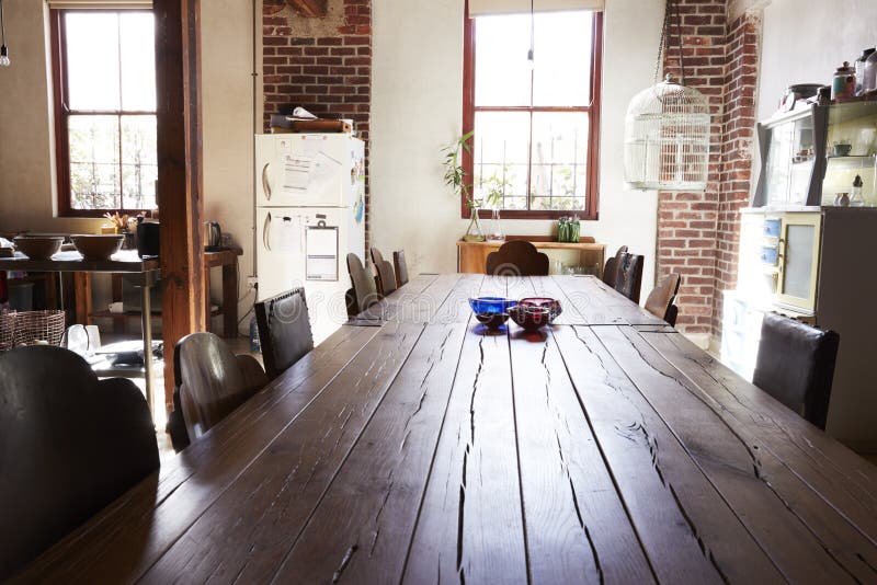 View Down Dining Table Top in a Loft Kitchen Dining Room Stock Image ...