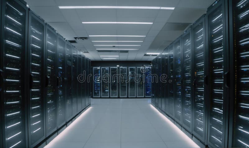 A View Down a Long Hallway of a Server Room, Showing Rows of Large ...