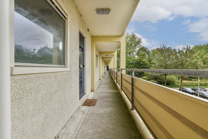 Modern Apartment Corridor with Outdoor View Stock Photo - Image of ...