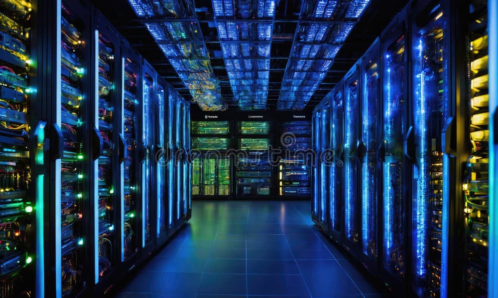 A View Down a Row of Servers in a Data Center, Lit by Blue Lights Stock ...