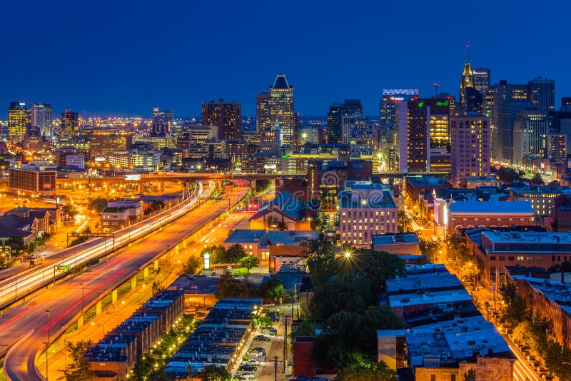View of the Downtown Baltimore Skyline at Night, in Baltimore, Maryland ...