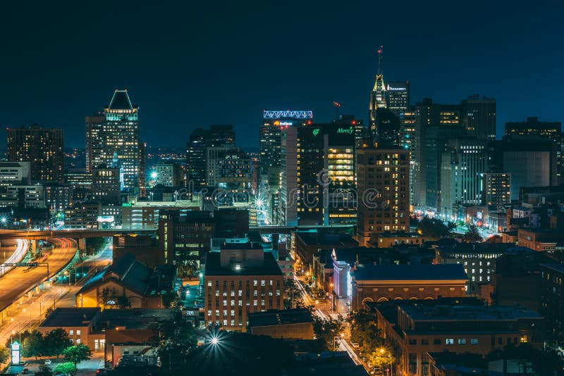 View of the Downtown Baltimore Skyline at Night, in Baltimore, Maryland ...