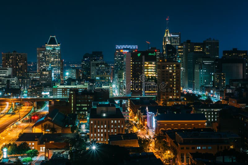 View of the Downtown Baltimore Skyline at Night, in Baltimore, Maryland ...