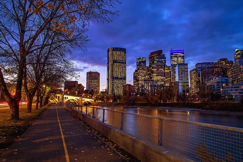 Bow River Pathway Overlooking Downtown Calgary at Dawn Stock Photo ...