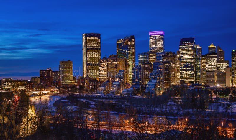 Downtown Calgary Illuminated at Night Stock Photo - Image of cityscape ...