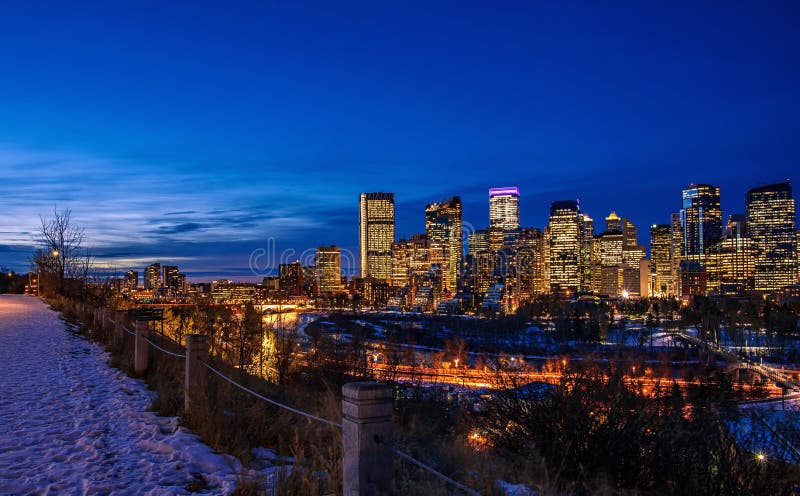 Downtown Calgary Illuminated at Night Stock Photo - Image of view ...